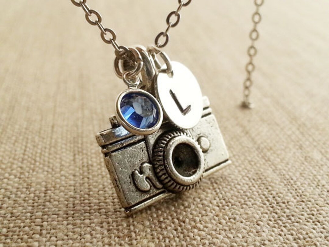 Initial Necklace. Silver Camera Necklace. Swarovski Birthstone ...