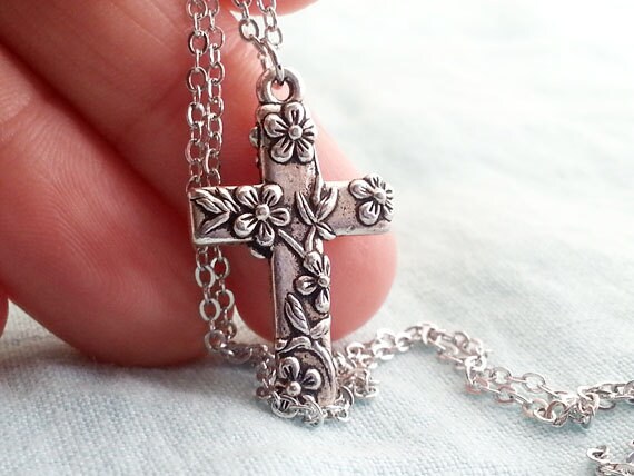 Silver Cross Necklace. Silver Cross Charm. Floral Cross - Etsy