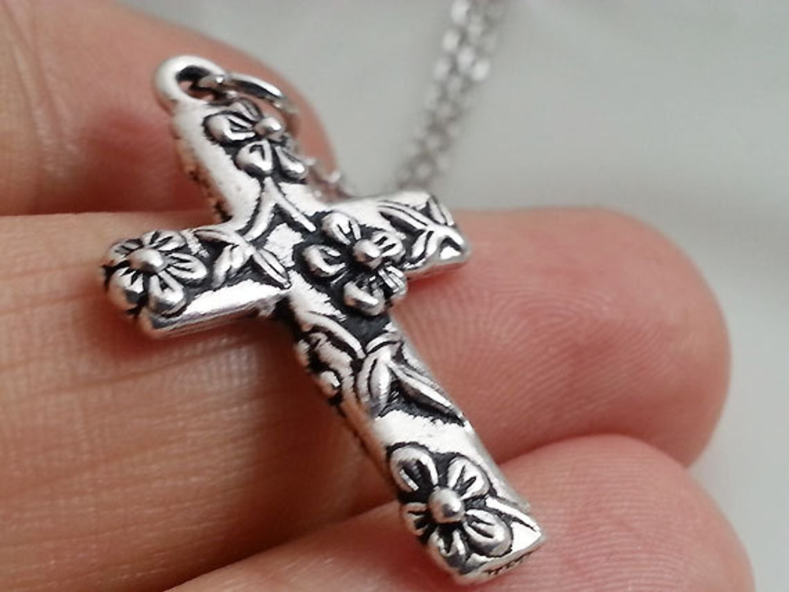 Silver Cross Necklace. Silver Cross Charm. Floral Cross - Etsy