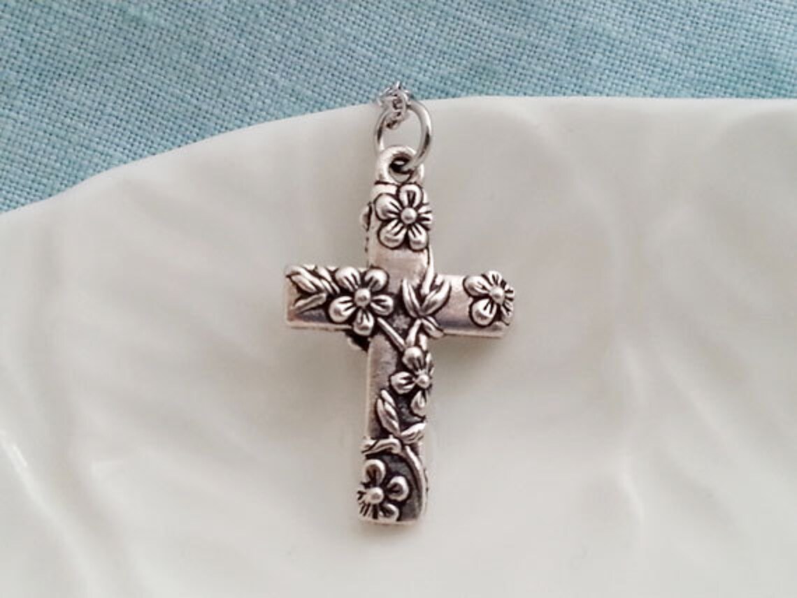 Silver Cross Necklace. Silver Cross Charm. Floral Cross - Etsy