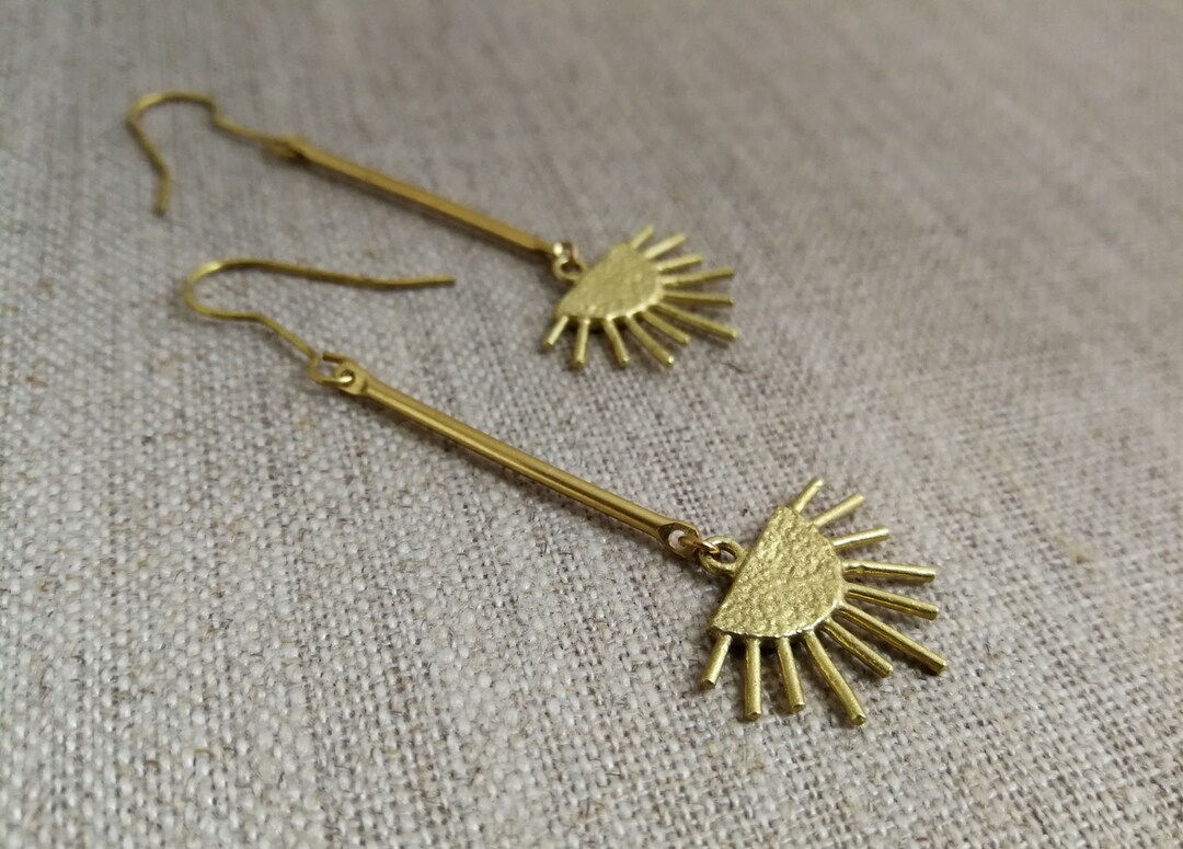 Brass Sun Earrings. Geometric Sun Pendant. Brass Sunburst Earrings ...