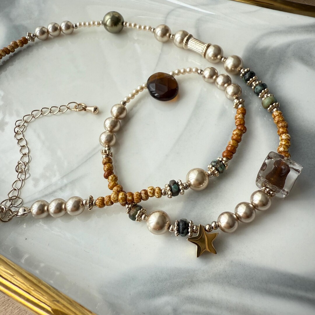 Bead Soup Star Necklace | Czech Glass Gem Choker | Colorful Bohemian ...