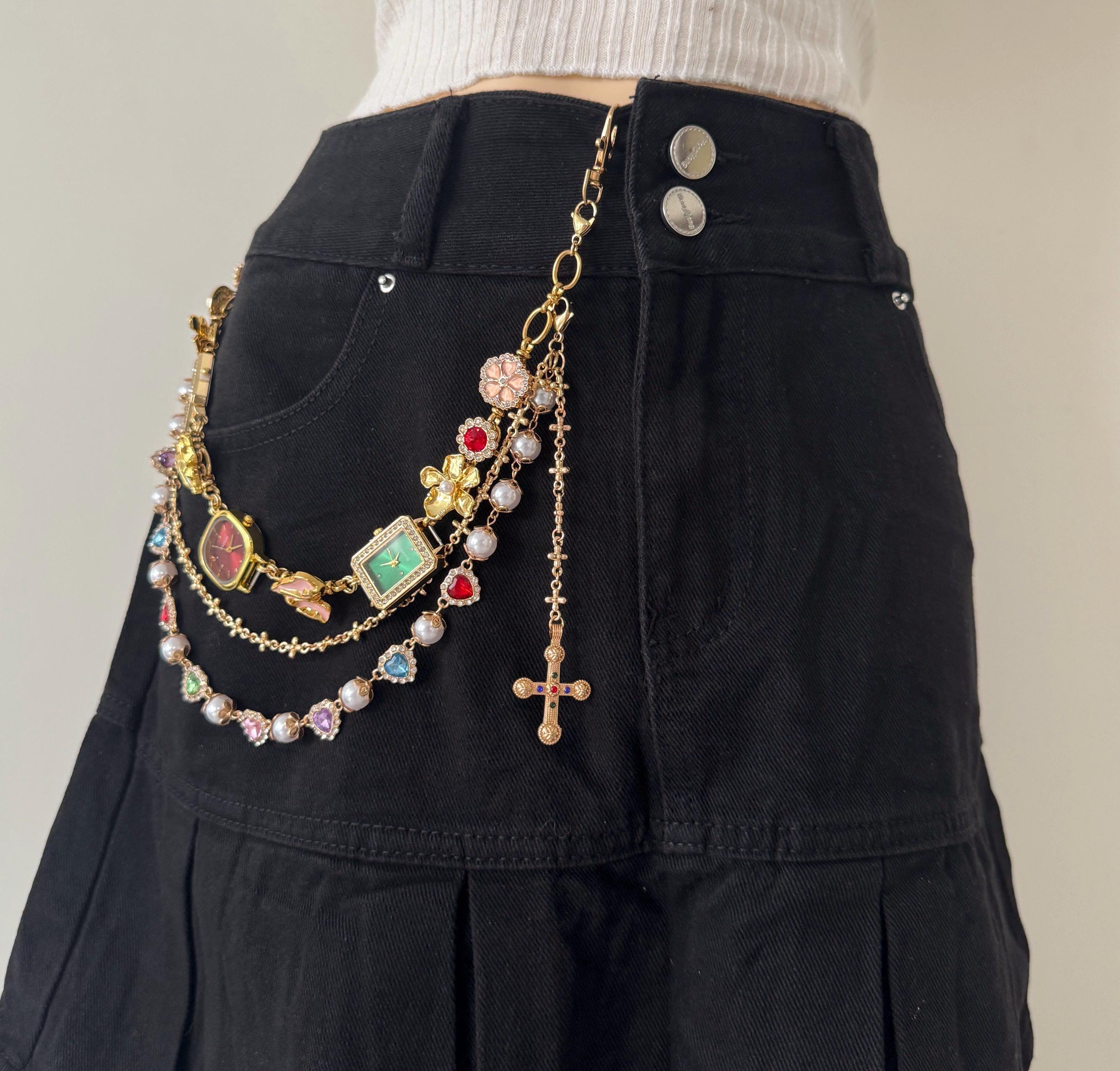 Vintage Watch Pants Chain,gold Multi Watch Face Pearl Waist Chain Y2K ...