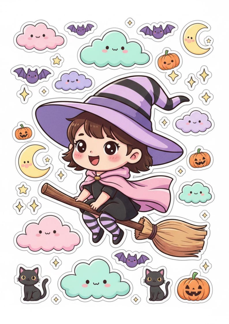 Halloween Cat Sticker Sheet: Witch Cats, Ghost Kitties, Pumpkin ...