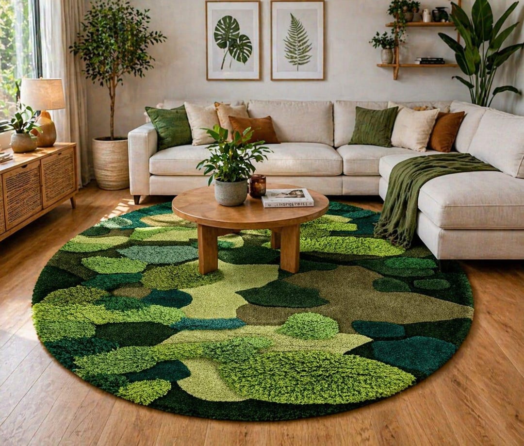 Green Abstract Moss Rug, Round Shaggy Carpet, Botanical Tufted Floor ...