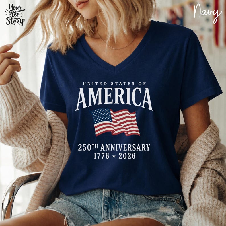 Bella Canvas USA Flag 250th Anniversary Women V-neck, 4th July Tee, USA ...