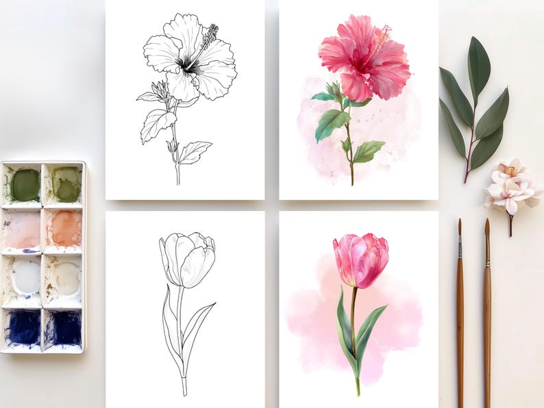 BUNDLE Flowers Watercolor Drawing Outline Painting DIY Art Kit Prints ...