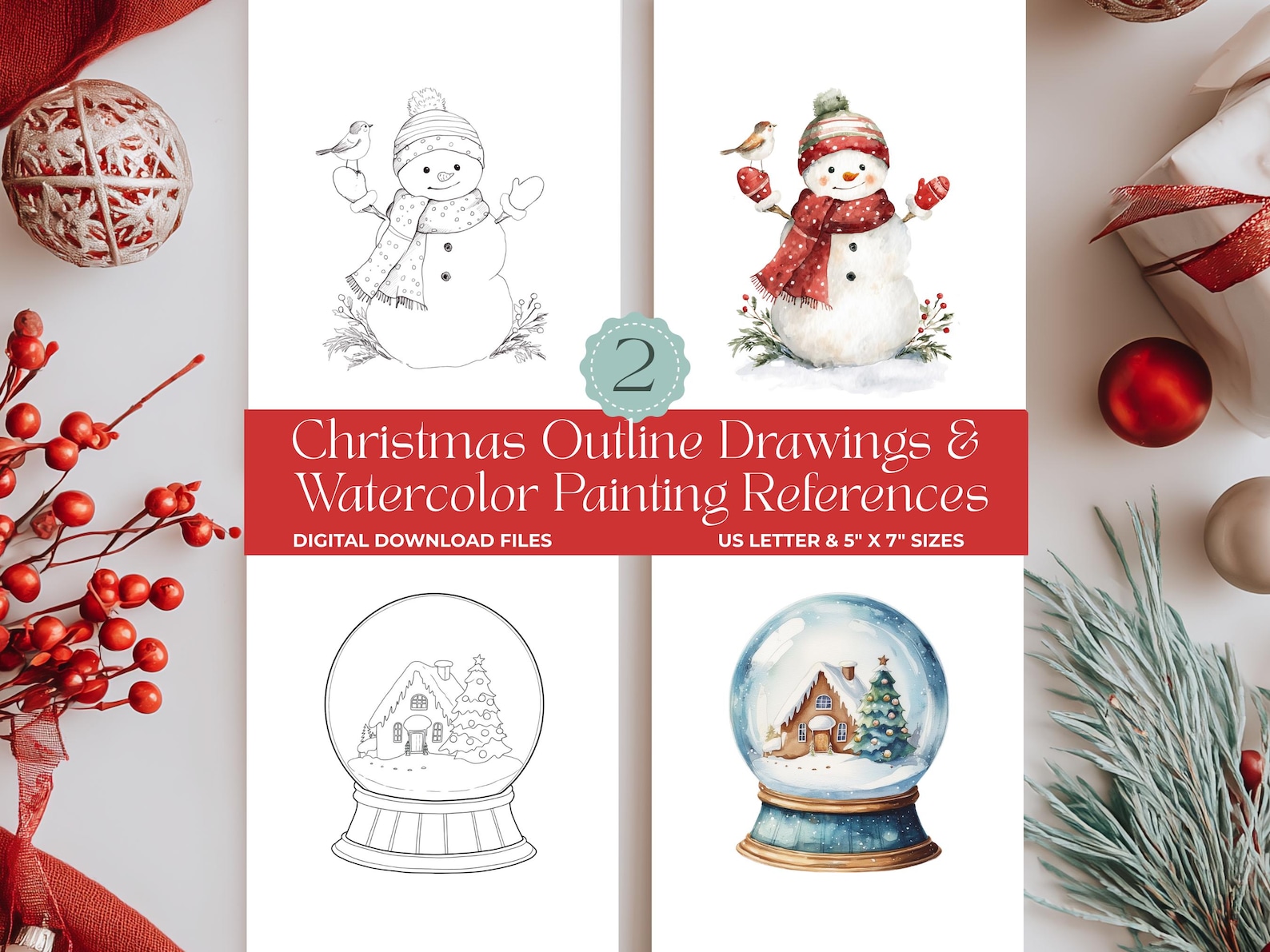 Christmas Watercolor Drawing Outline Snowman & Snowglobe Painting DIY ...