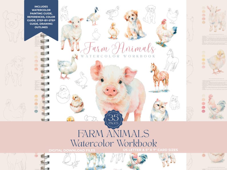 Farm Animals Watercolor Workbook Drawing Outline Painting DIY Art Kit ...