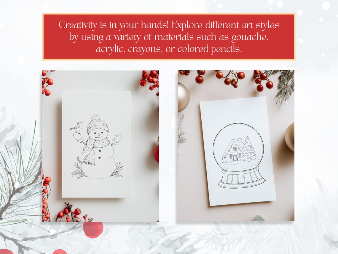 Christmas Watercolor Drawing Outline Snowman & Snowglobe Painting DIY ...