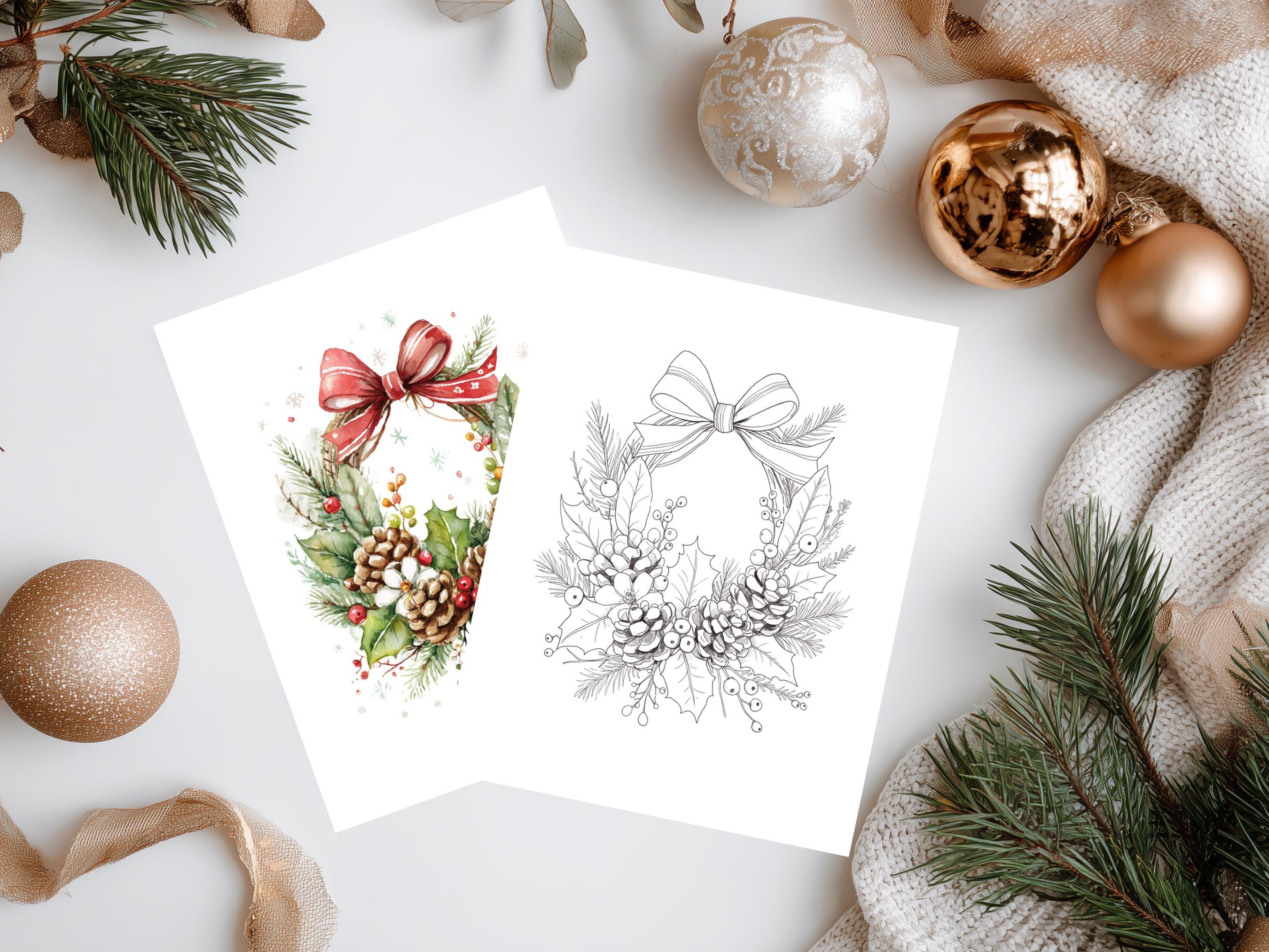 Christmas Watercolor Drawing Outline Wreath and Deer Painting DIY Art ...
