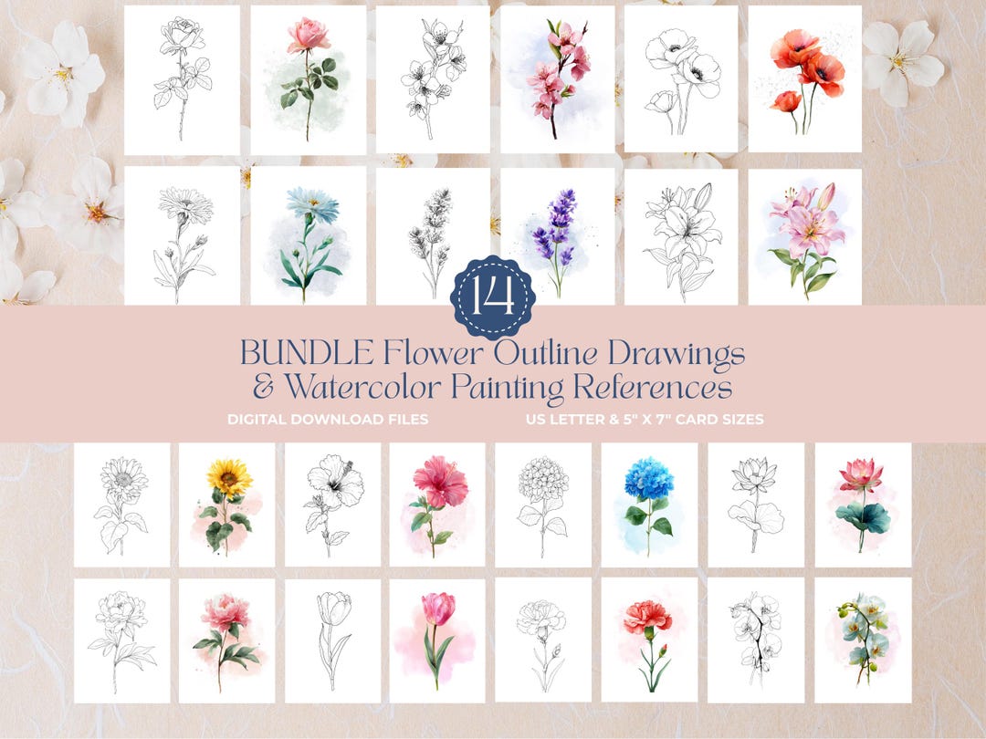 BUNDLE Flowers Watercolor Drawing Outline Painting DIY Art Kit Prints ...