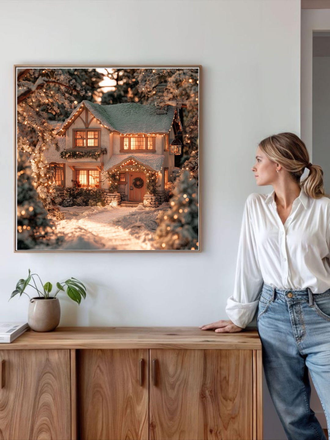 Christmas Tree Lights CANVAS Wall Art - Enchanting Snowy Winter Forest ...