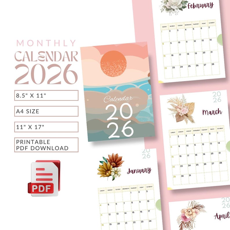 2026 Monthly Calendar Printable | Minimalist Wall Calendar | Instant ...