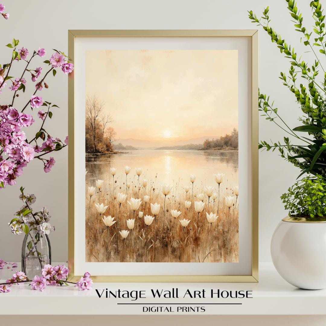 Vintage Lakeside Morning Mist Scene - Soft Cottagecore Wildflower Art ...