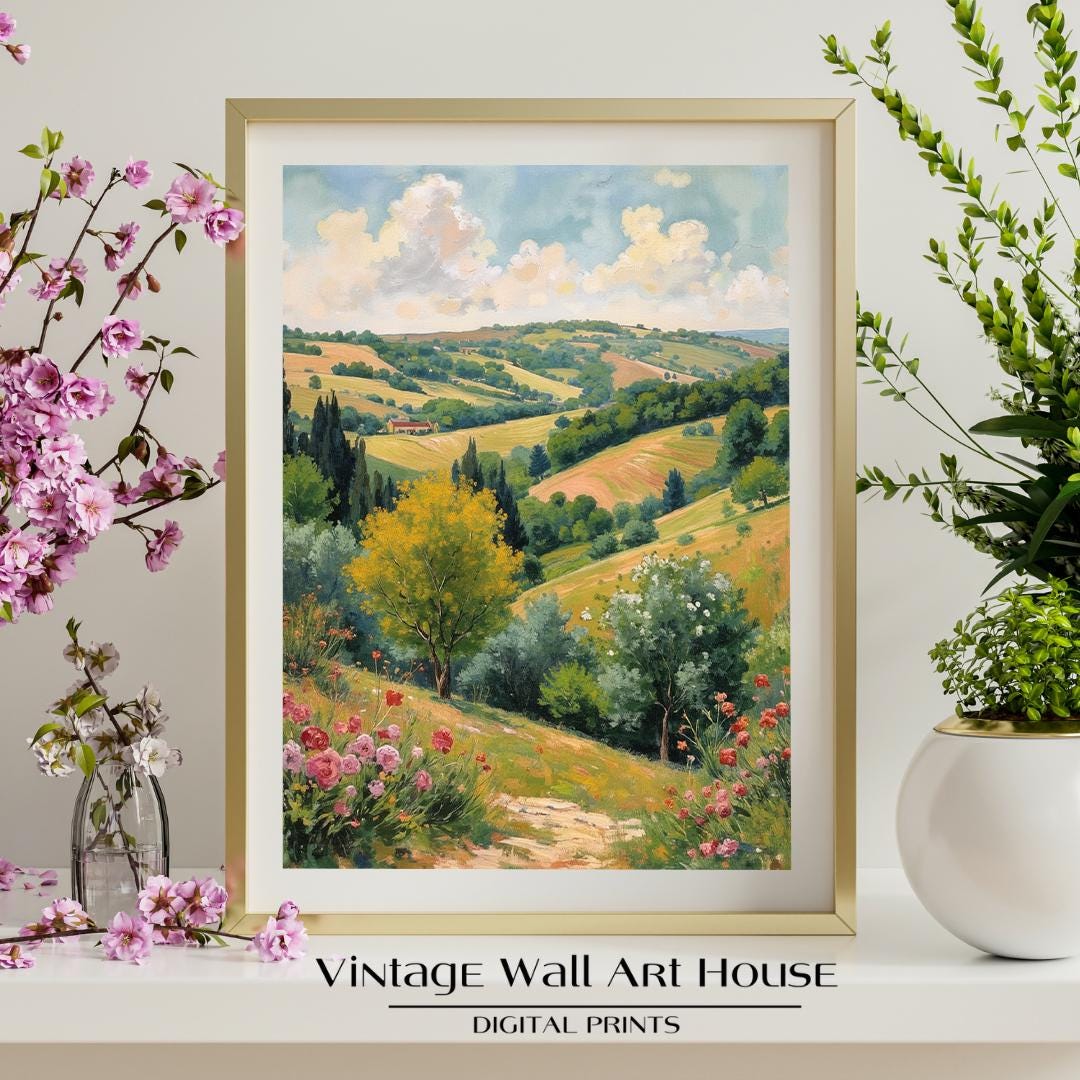Vintage Country Path Landscape Painting - Cottagecore Pastoral Fields ...