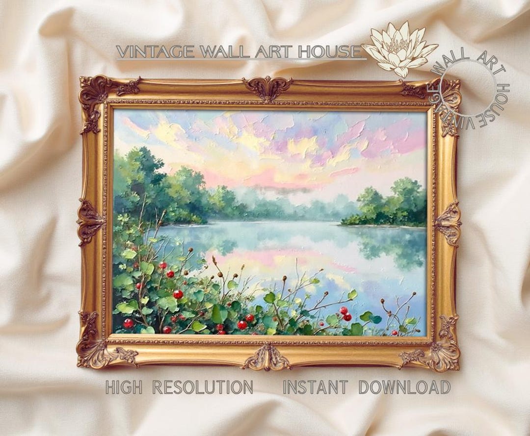 Pastel Lake Landscape Wall Art Printable, Romantic Nature Painting ...