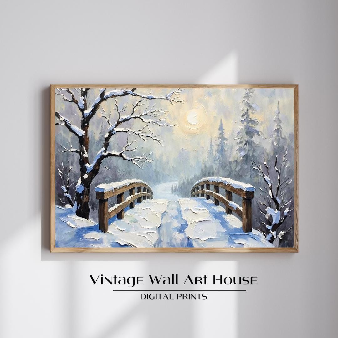 Winter Forest Footbridge Painting - Peaceful Rustic Printable Wall Art ...