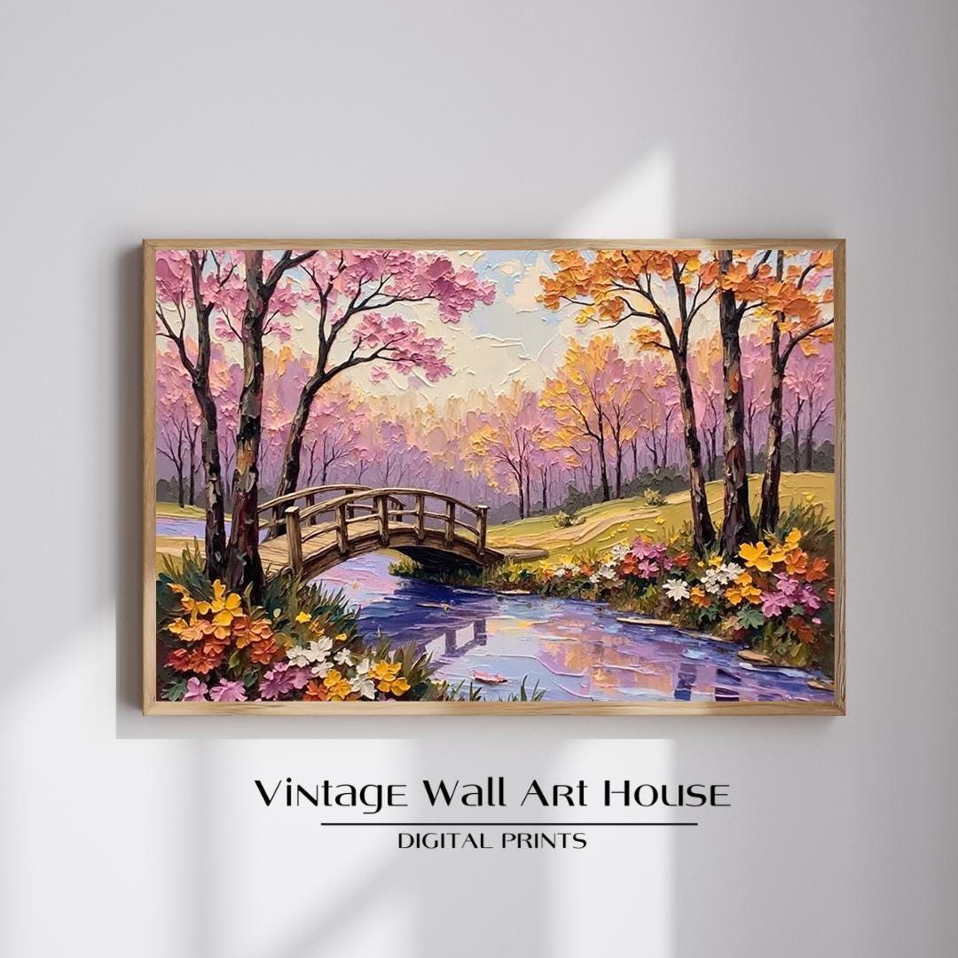Cottagecore Printable Footbridge Landscape Art - Cozy Pastoral Scene ...