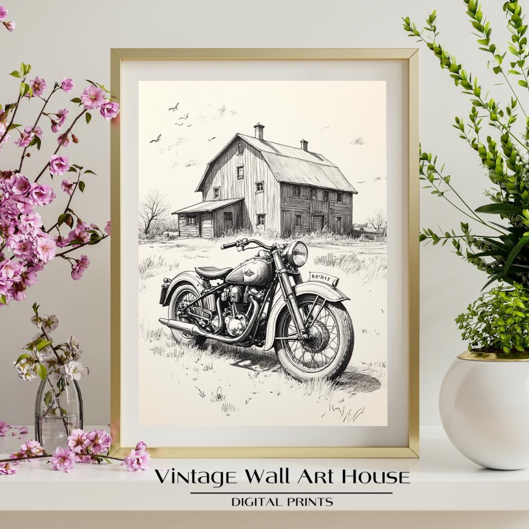 Vintage Classic Motorcycle With Rustic Barn - Americana Printable Wall ...