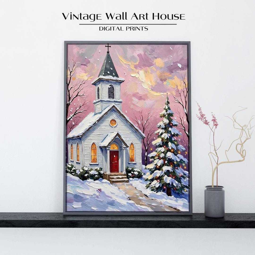 Vintage Snow-covered Country Church With Christmas Tree Print - Cozy ...