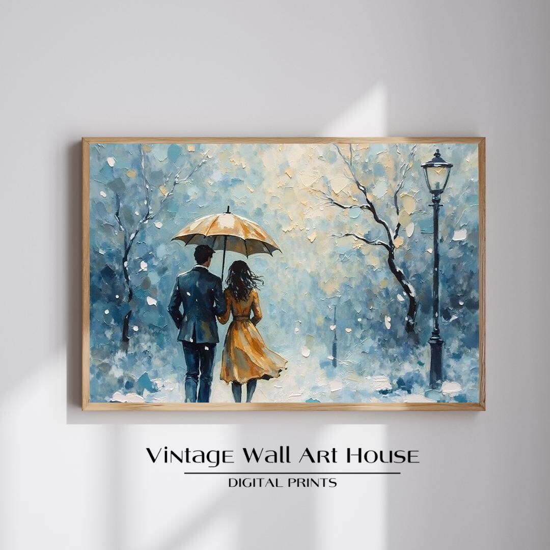 Printable Romantic Couple Stroll Art - Moody Snowy Night Scene ...
