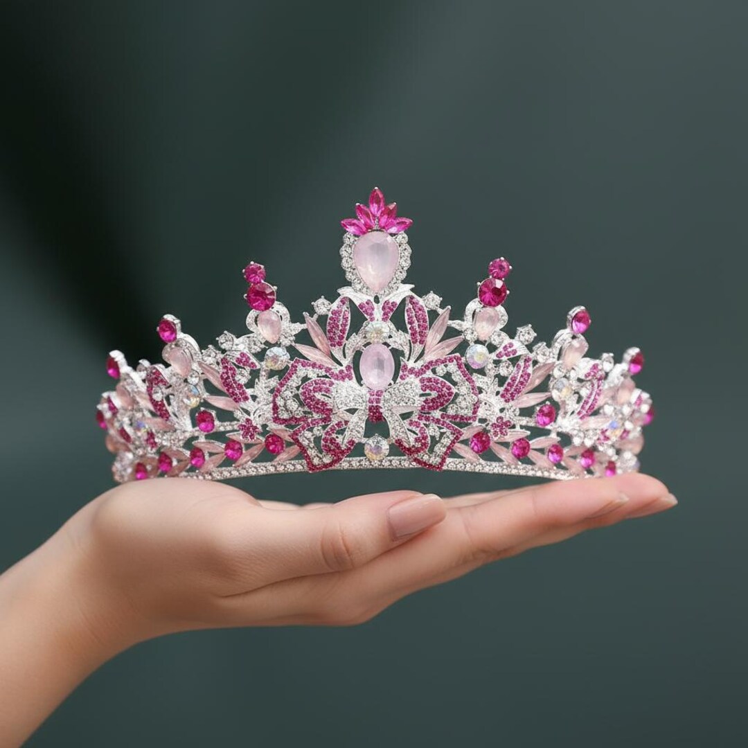 Pink Gemstone Tiara – Handmade Regal Crown With Floral Motifs | Bridal ...