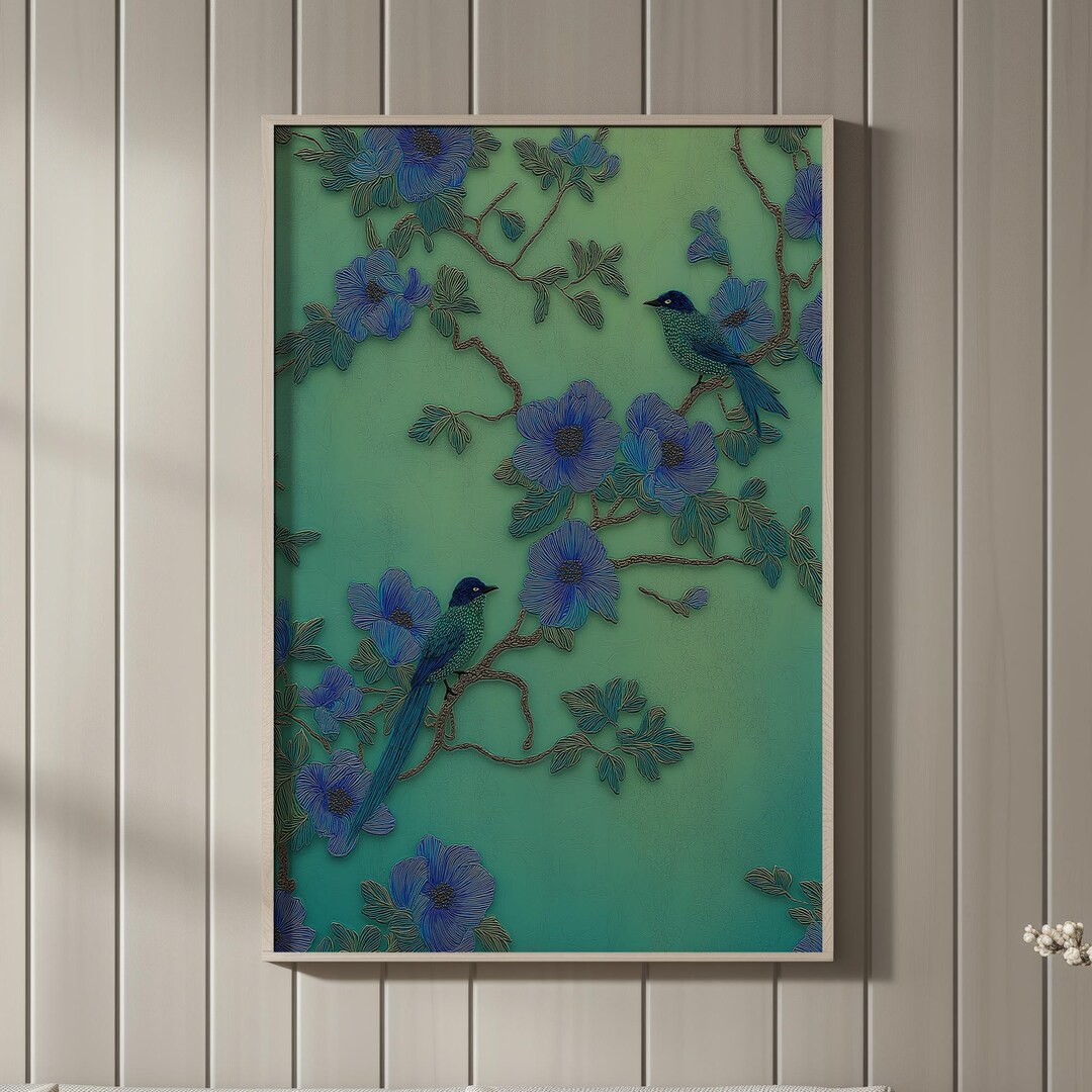Blue Chinoiserie Bird and Floral Embroidered Art Print (digital ...