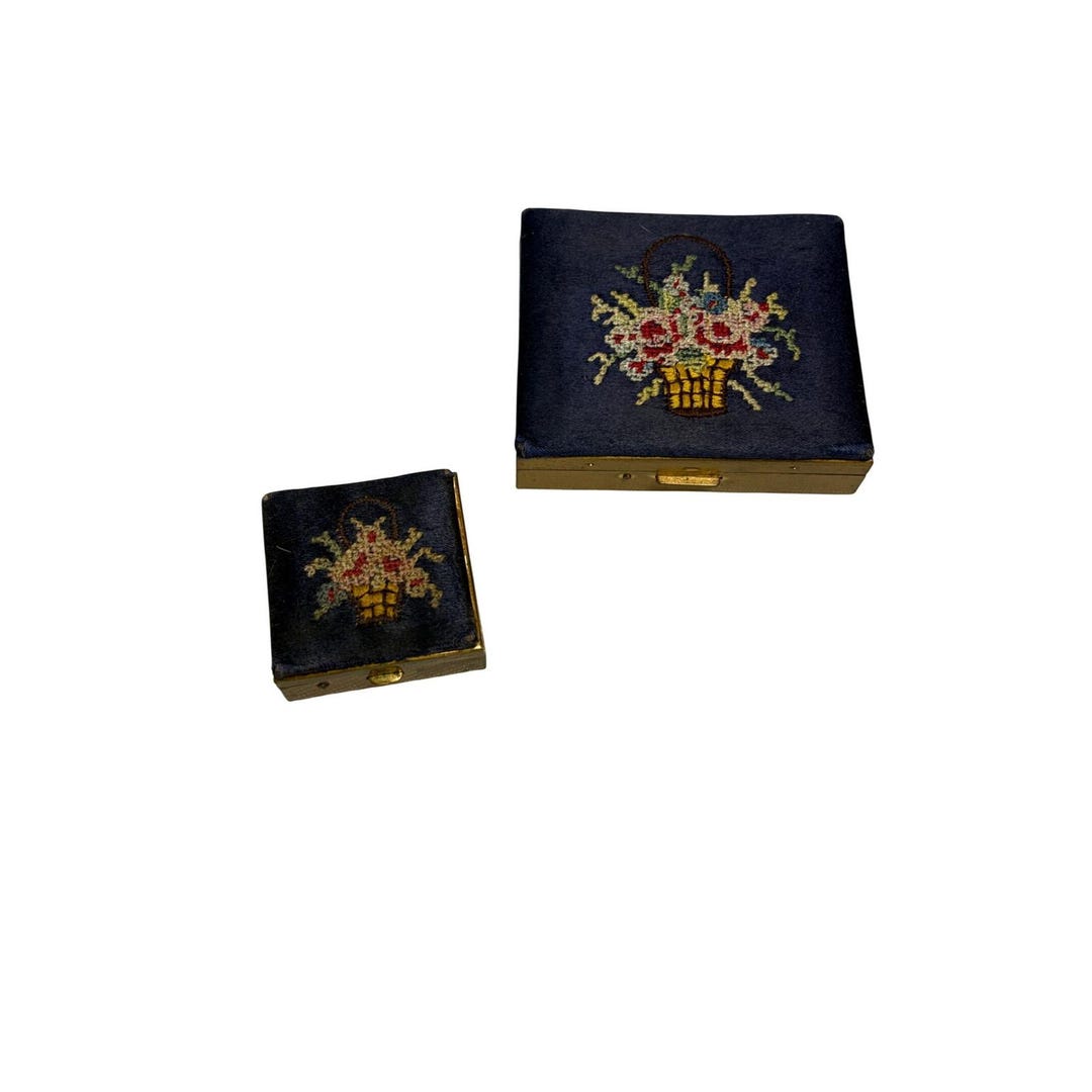Antique Edwardian Embroidered Vanity Powder Compacts Pair Brass Mirror ...