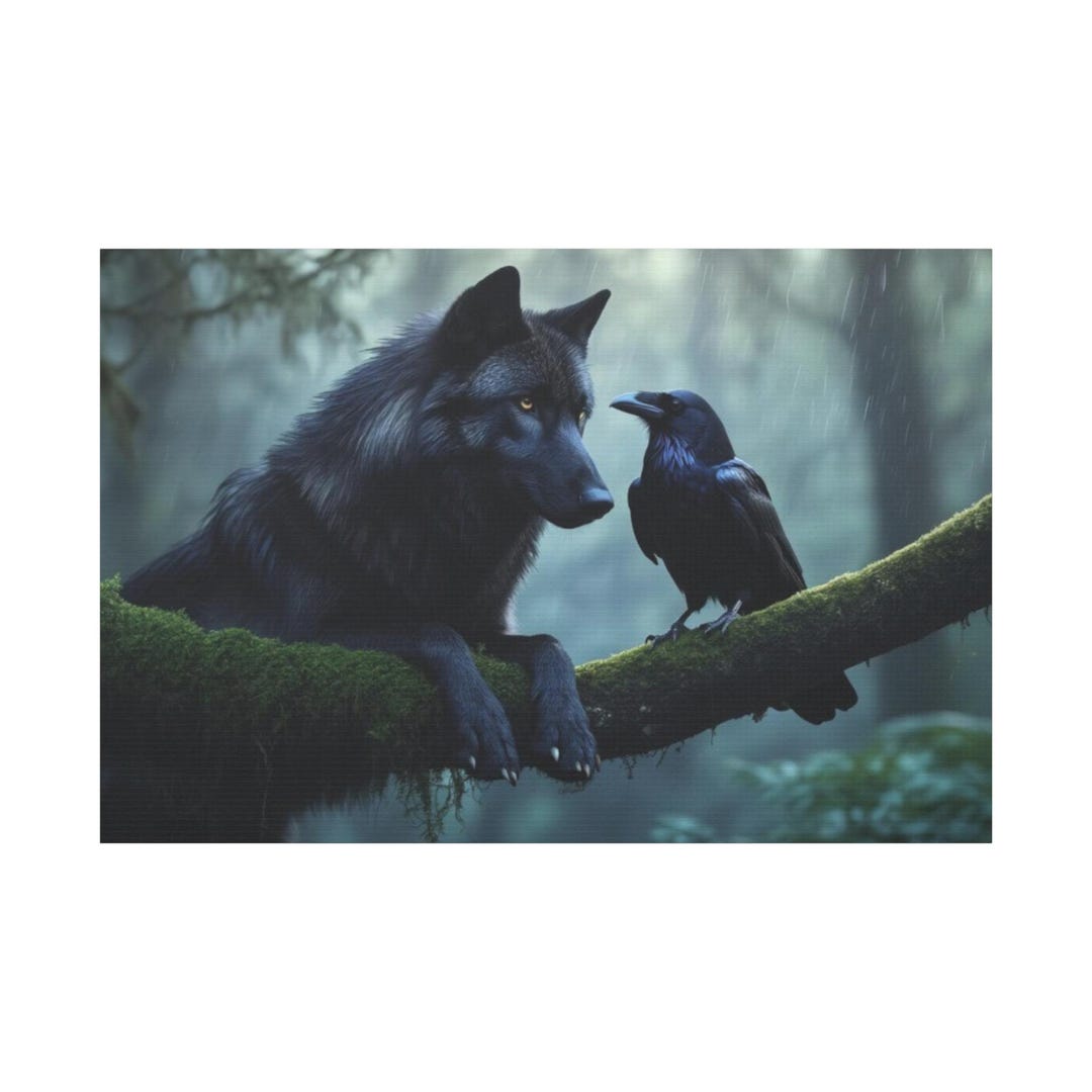 Wolf and Raven Print: Mystical Forest Wildlife Art - Etsy