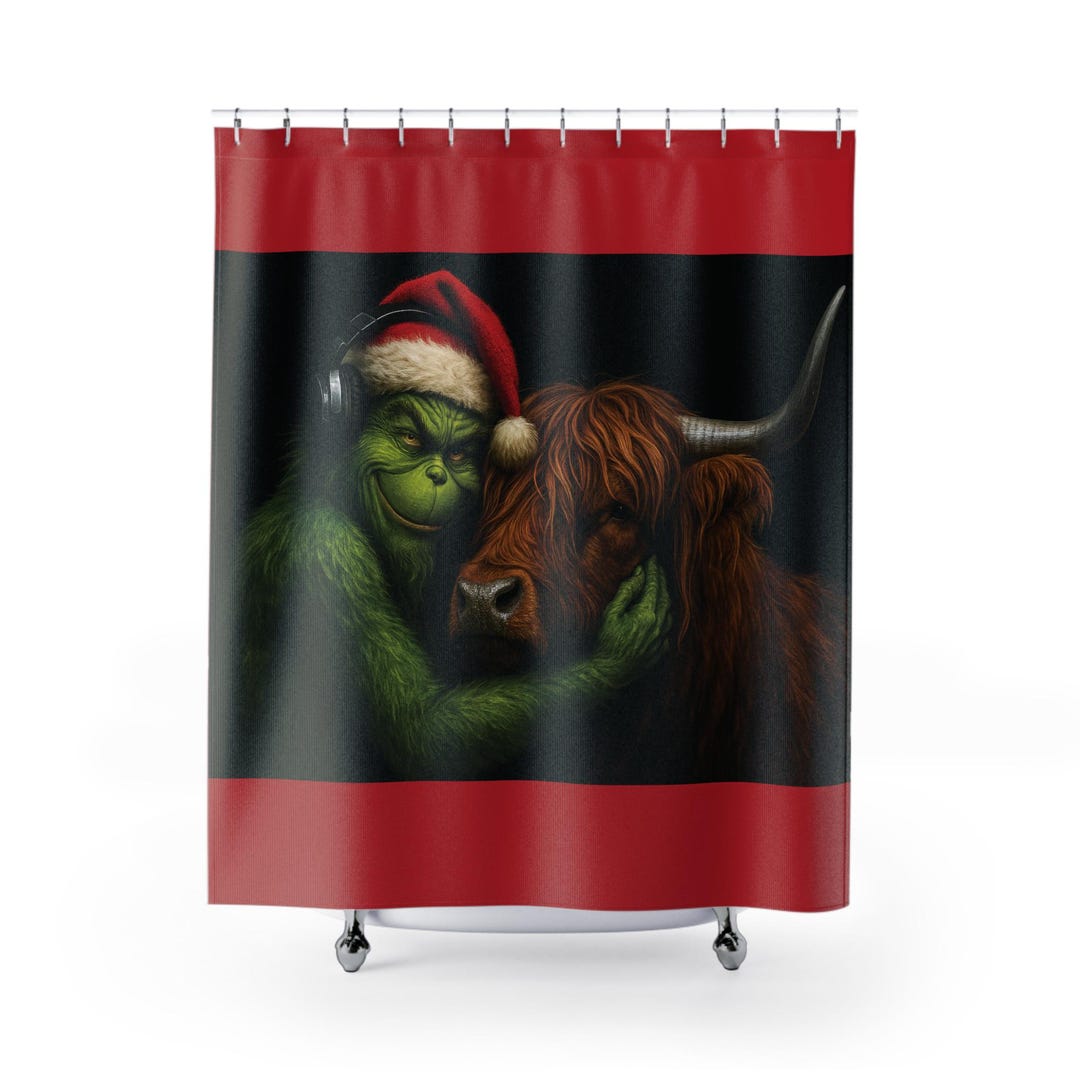 Grinch Hugging Highland Cow Shower Curtain, Christmas Bathroom Decor - Etsy