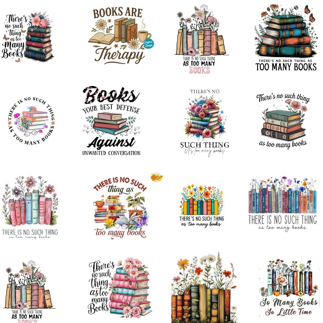 Too Many Books Floral PNG | Book Lover Printable Art (digital Download ...