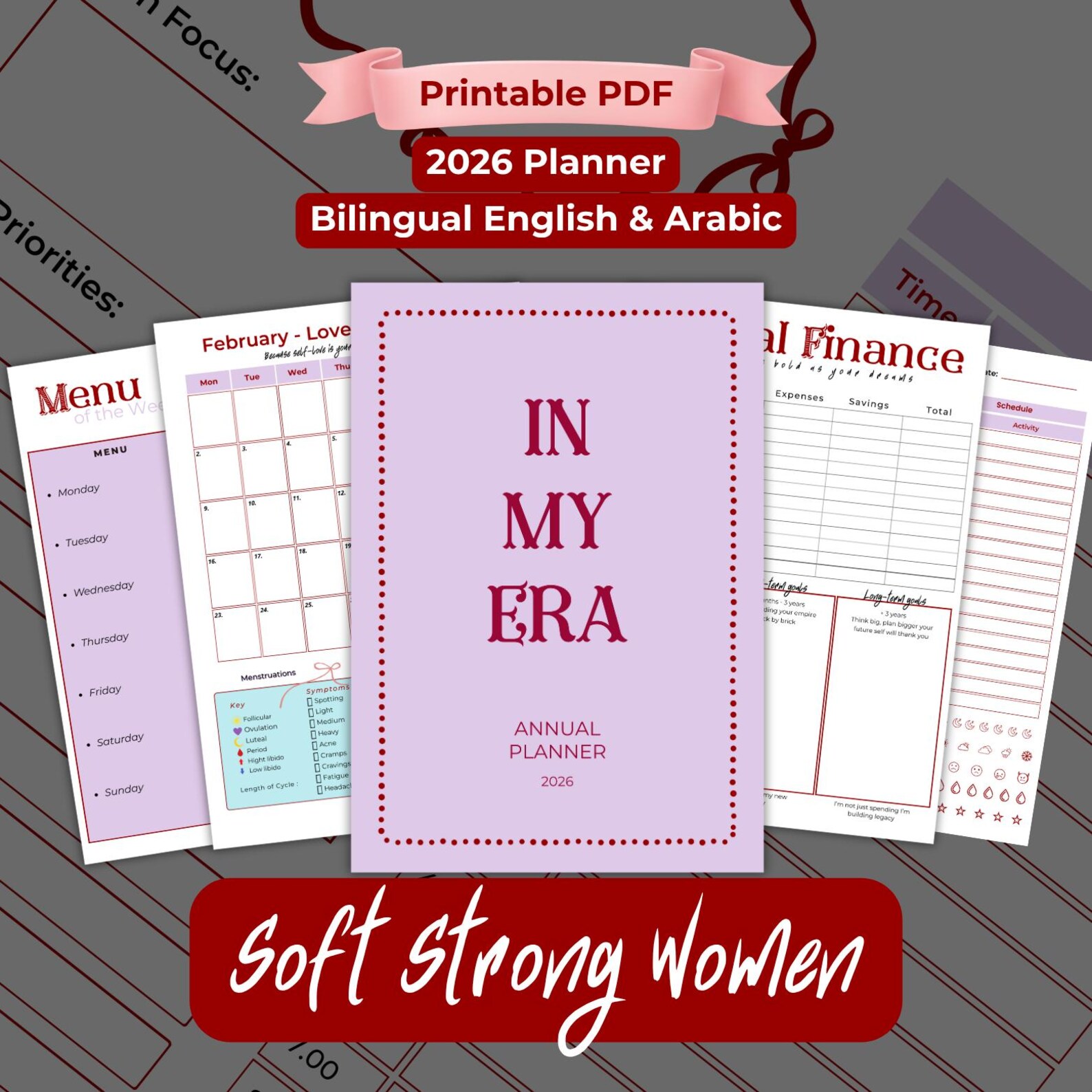 2026 Printable Planner, Bilingual English and Arabic, Girly Pink ...