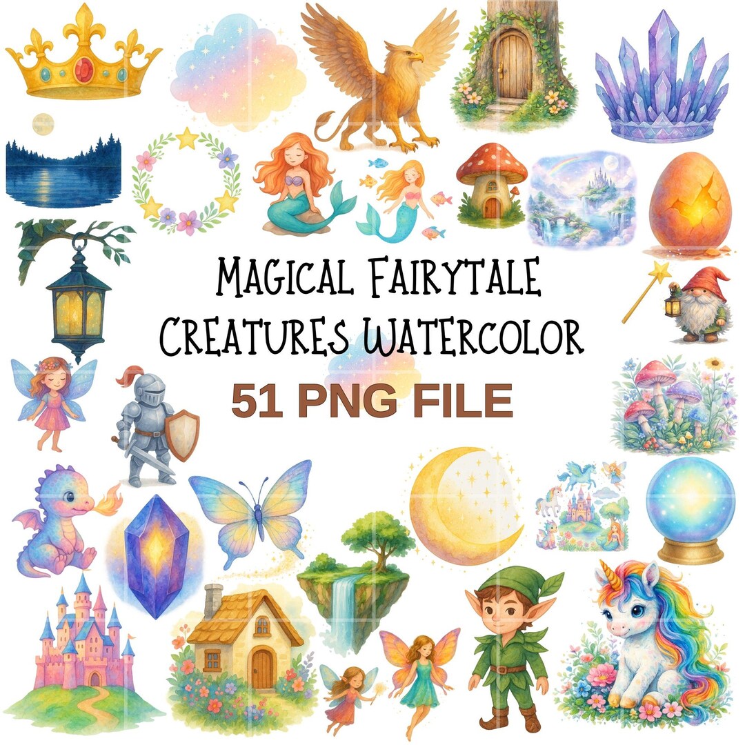 Fairytale Watercolor Clipart | Magical Creatures PNG Set | 51 Fantasy ...