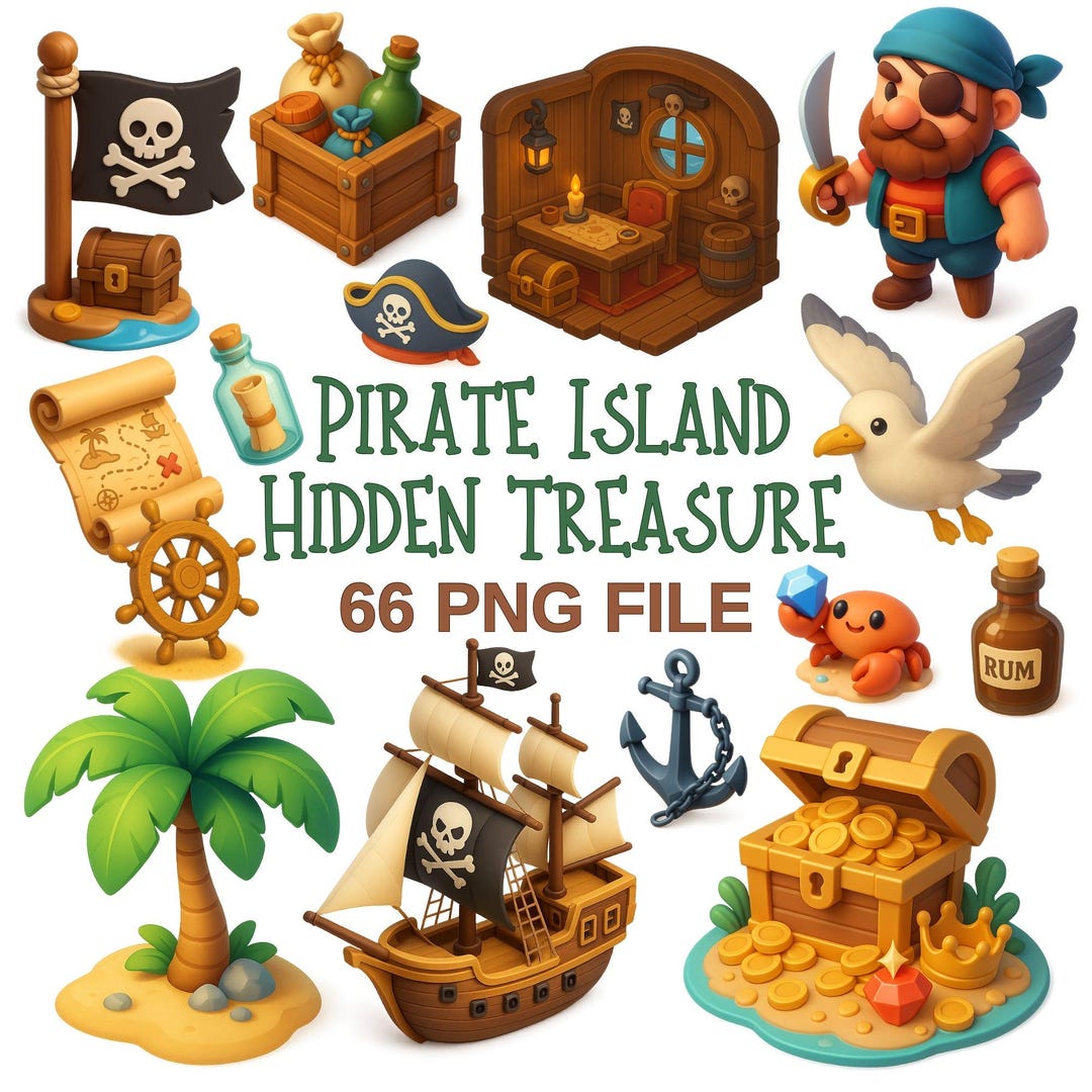 Pirate Island Clipart Set | 3D Pirate Ship & Treasure (66 PNG Files) - Etsy