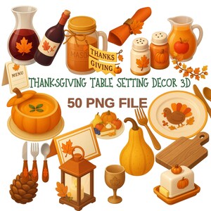 Thanksgiving Table Decor 3D Clipart: Fall Feast PNG Bundle (50 Files ...