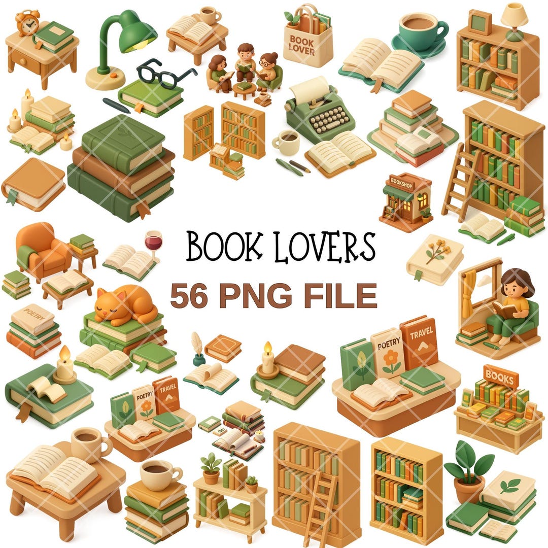 Book Lover Clipart Bundle – 56 Cozy Reading Elements (PNG Digital ...