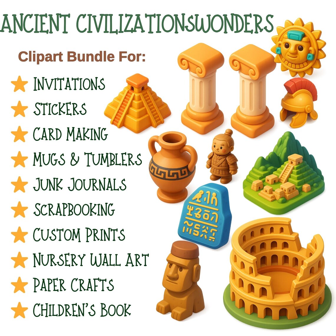 Ancient Civilizations Clipart | 3D History Landmarks, Egypt, Rome (PNG ...