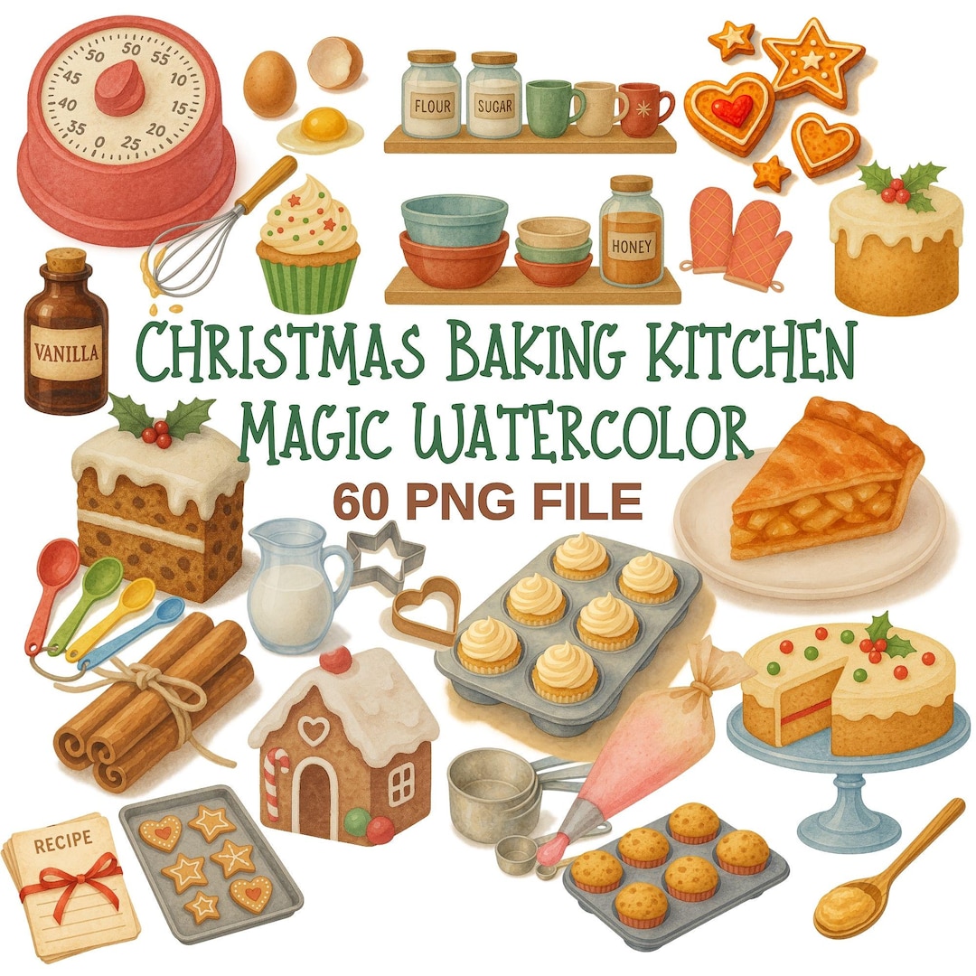 Christmas Baking Watercolor Clipart | Holiday Kitchen PNG Set (60 Files ...