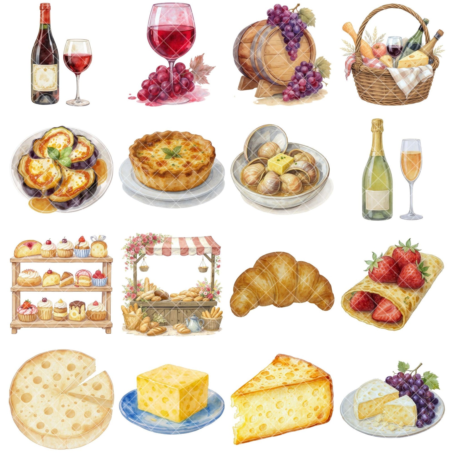 France Watercolor Culture Clipart | 50 PNG French Food, Landmarks ...