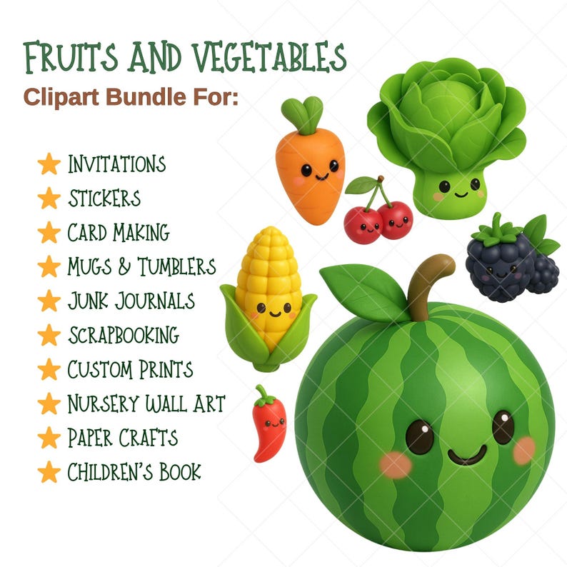 Kawaii Fruit & Veggie Clipart: 55 Funny Food PNG Graphics (digital ...
