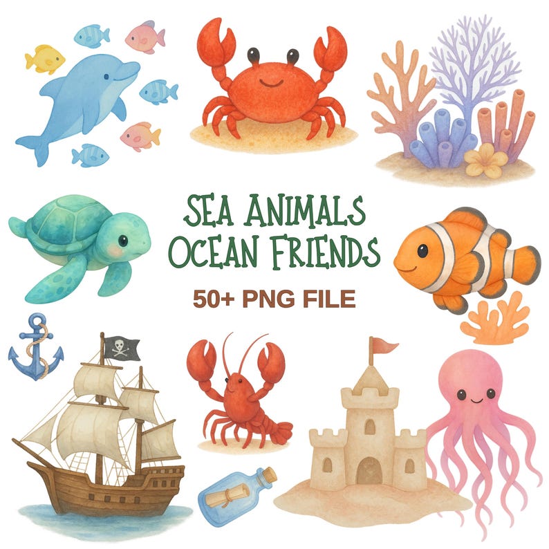 Sea Animals PNG Bundle | 50+ Ocean Friends Clipart | Cute Marine Life ...
