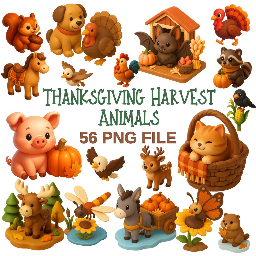Thanksgiving Animal Clipart: 56 Autumn Harvest PNG Bundle - Etsy