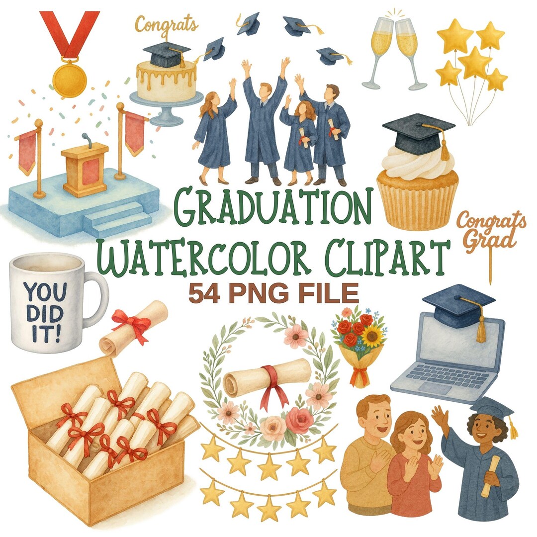 Graduation Watercolor Clipart Bundle - Class of 2025 Pngs - Diploma ...