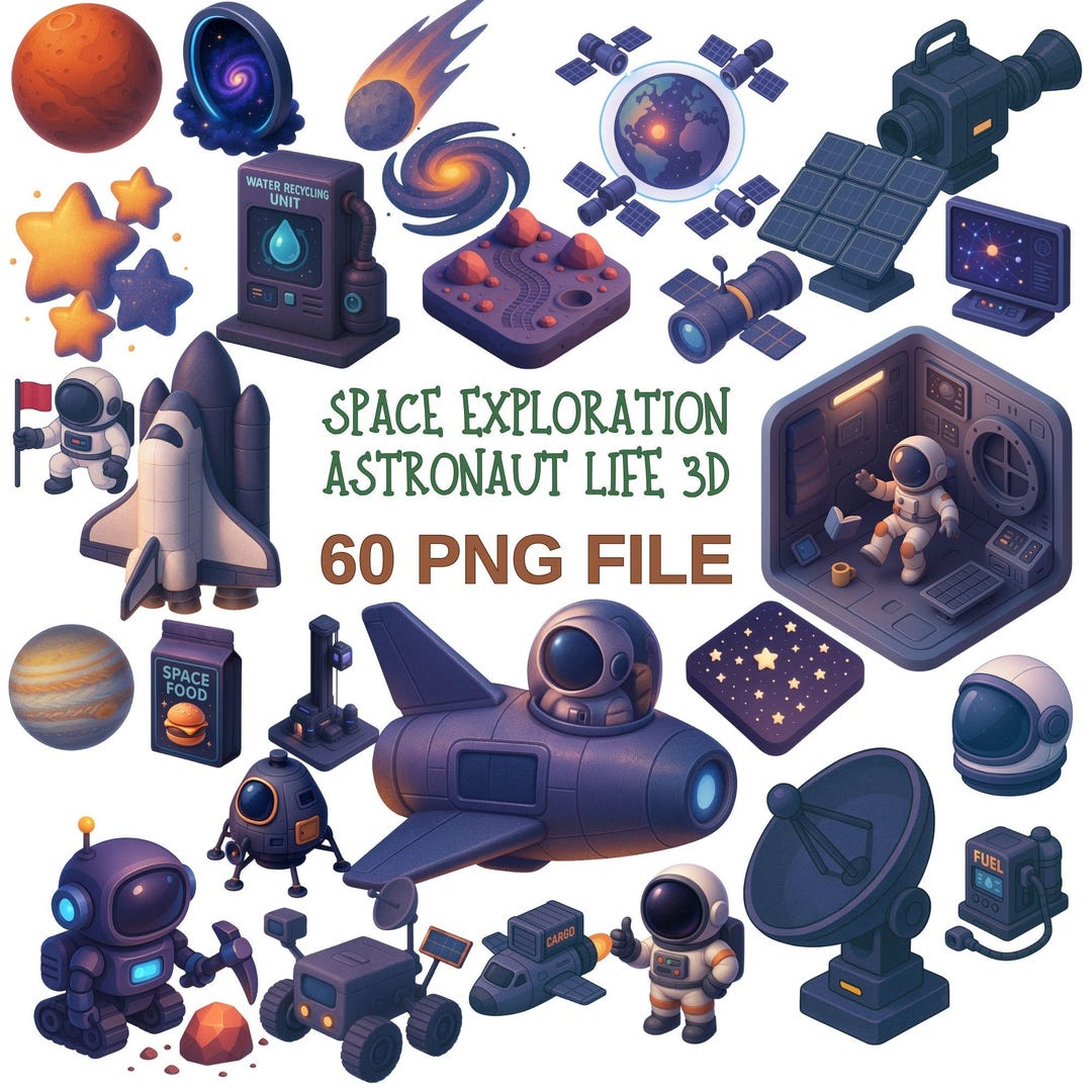 3D Space Clipart – Astronauts, Planets, Rockets (60 PNG Files) (digital ...