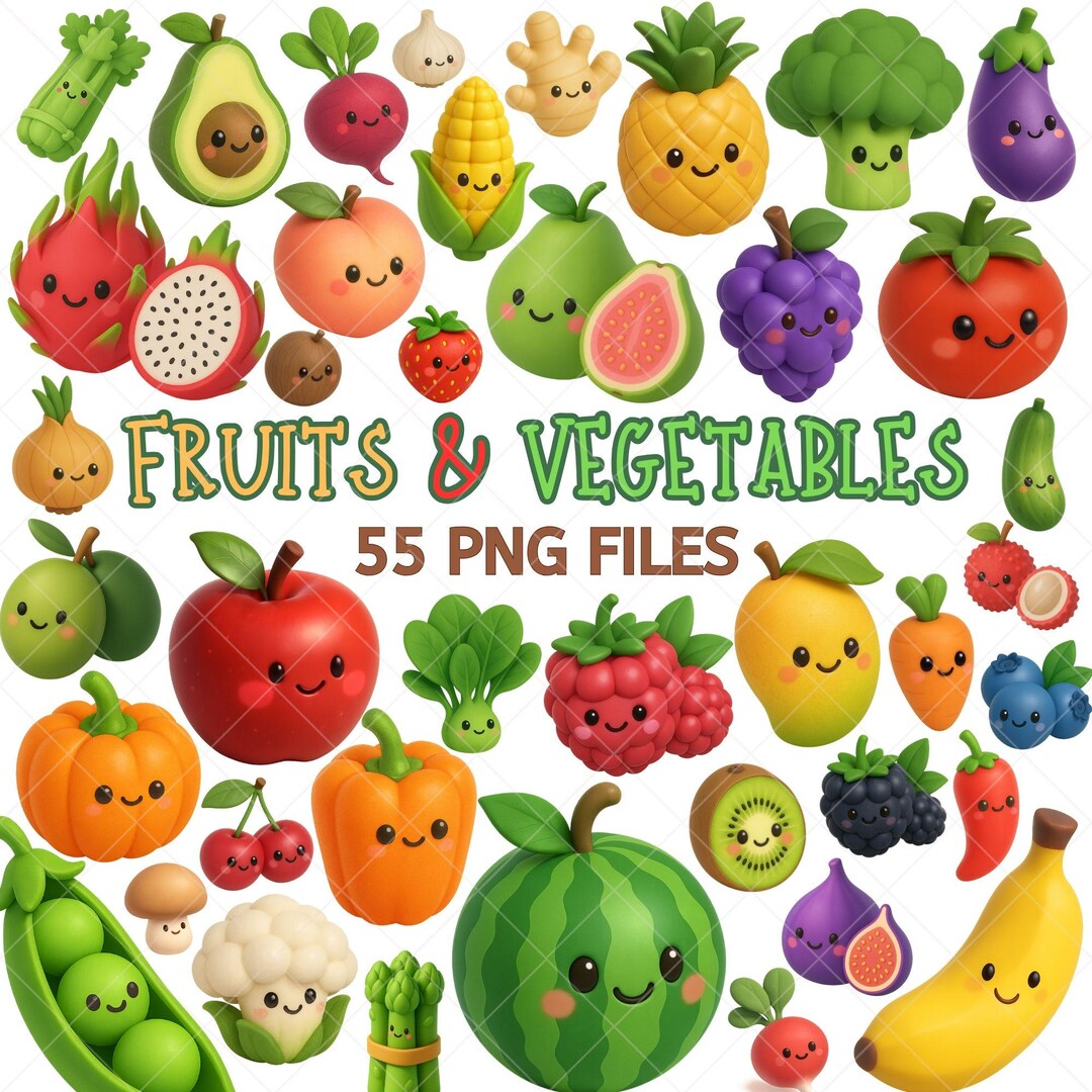 Kawaii Fruit & Veggie Clipart: 55 Funny Food PNG Graphics (digital ...