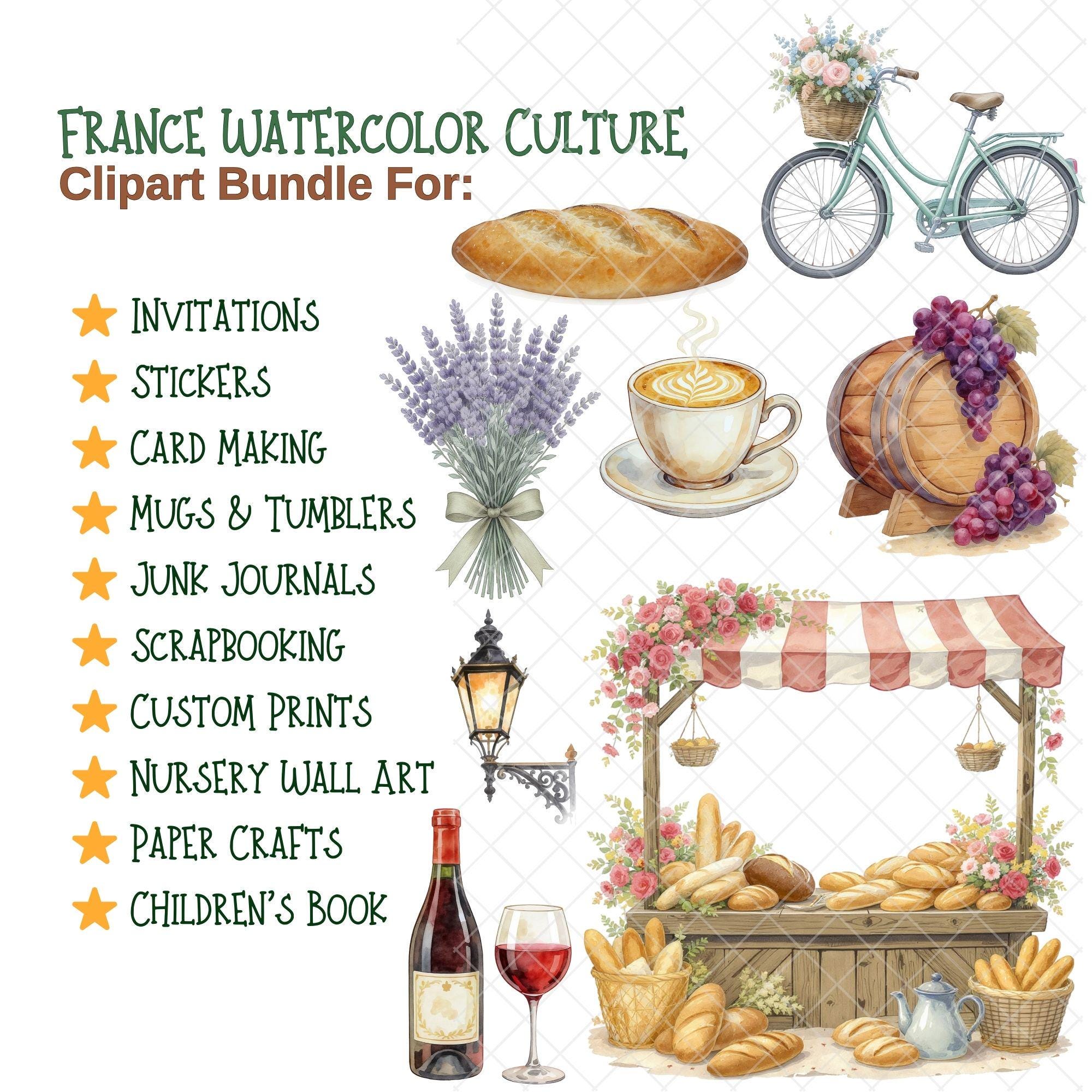 France Watercolor Culture Clipart | 50 PNG French Food, Landmarks ...