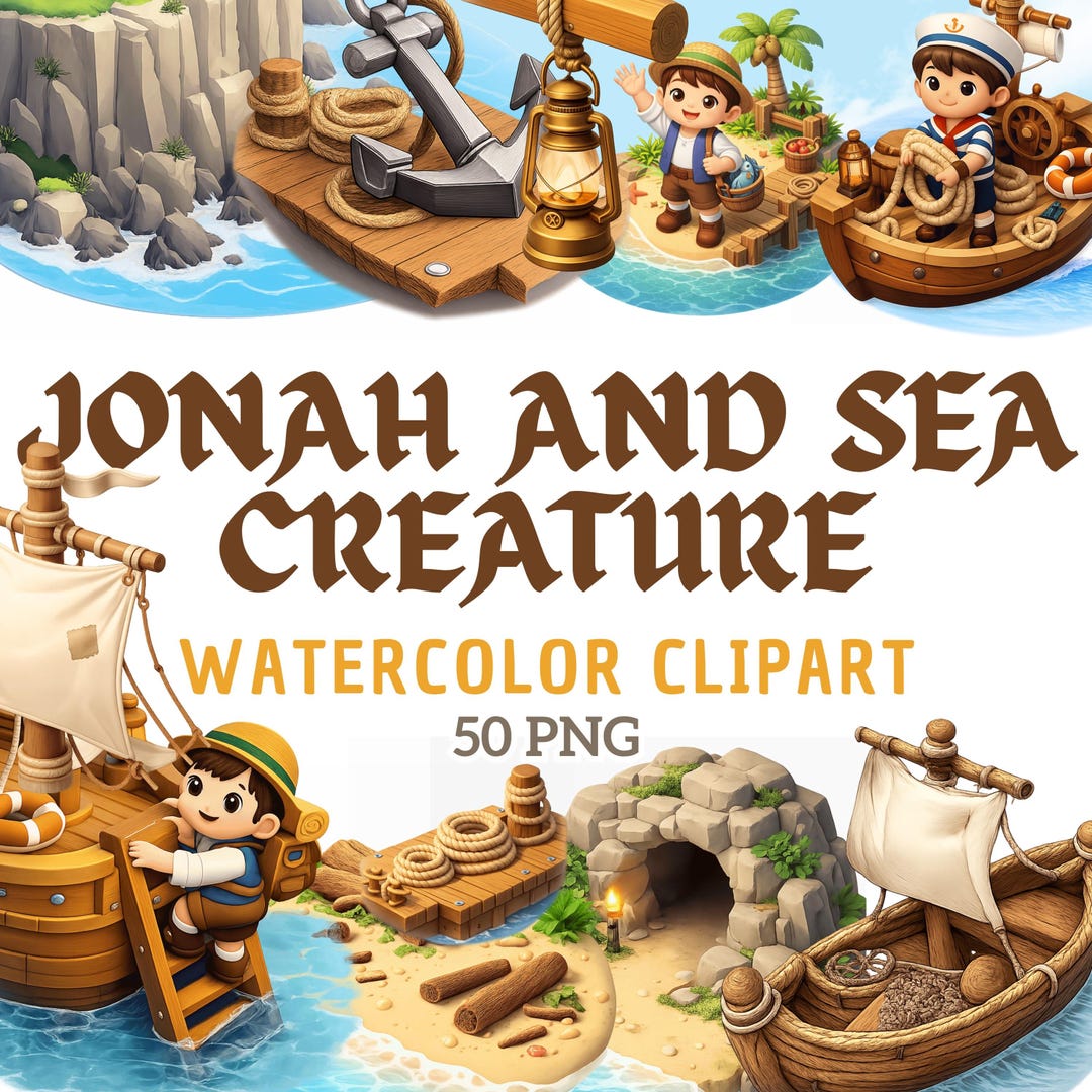 Jonah Bible Story Clipart – 50 PNG Watercolor Whale, Boat, and Sea ...