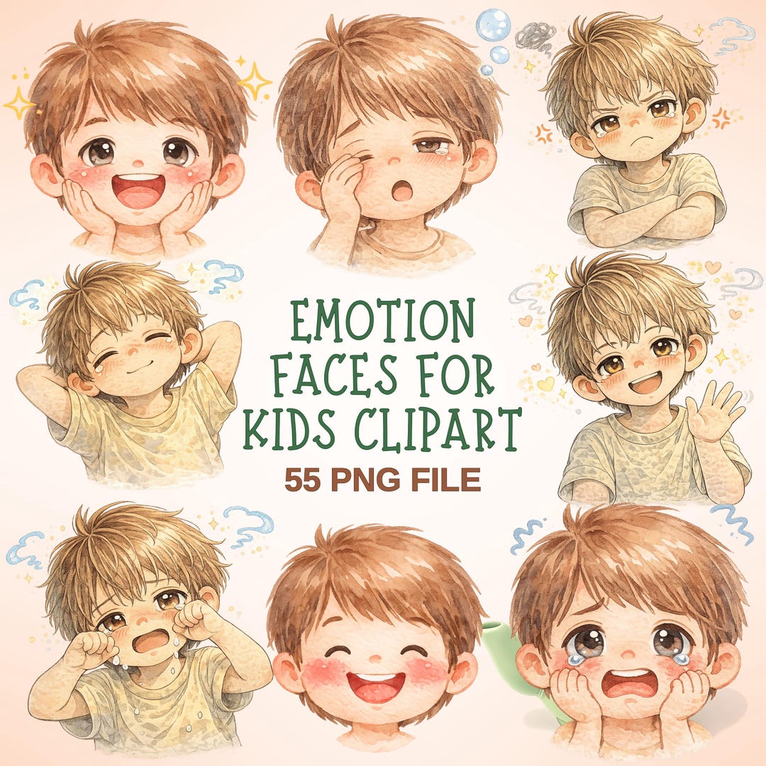 Emotion Faces for Kids Clipart - 55 PNG for SEL, Classroom, Posters ...
