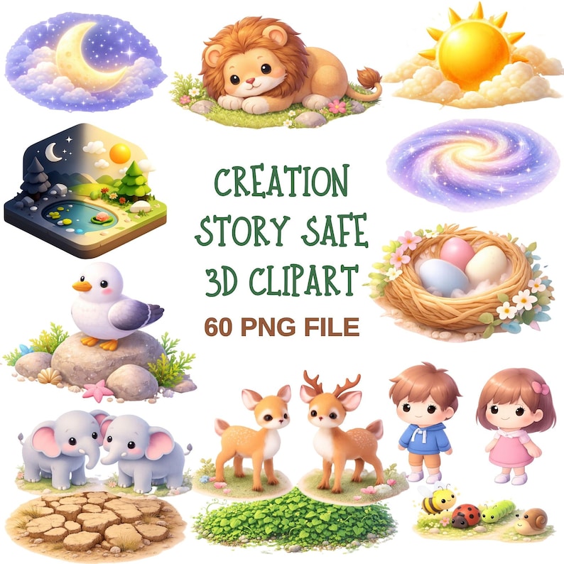 Creation Story Clipart Bundle | 60 Safe 3D PNG Files for Kids, Bible ...